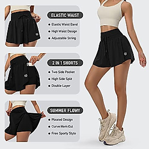 High Waisted 2 in 1 Flowy Butterfly Running Shorts, Women Athletic Shorts with Pockets Gym Yoga Tennis Shorts Teen Girls-(Black,XL)