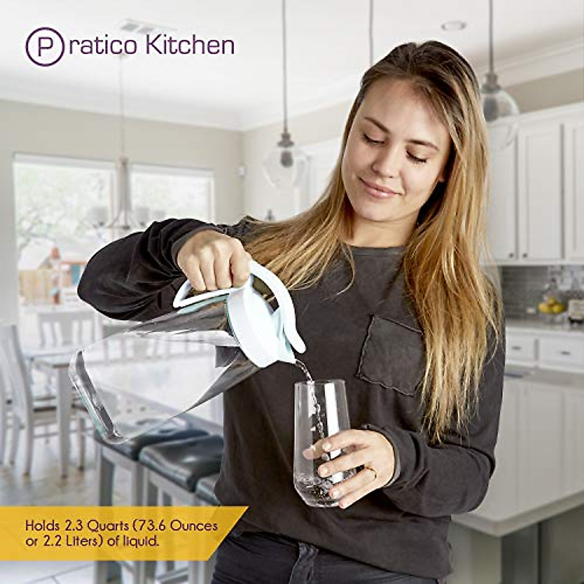 Pratico Kitchen QuickPour Water, Juice, and Beverage Airtight Pitcher, Made in Japan, 2.3 qt, 73 oz, White