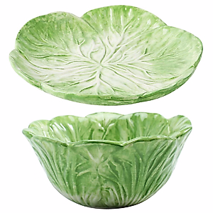GANAZONO 1 Set Ceramic Cabbage Bowl with Plate Fruit Salad Bowl Cartoon Dinner Plate Soup Bowls Easter Food Snack Container for Kitchen Green Ramen Bowl