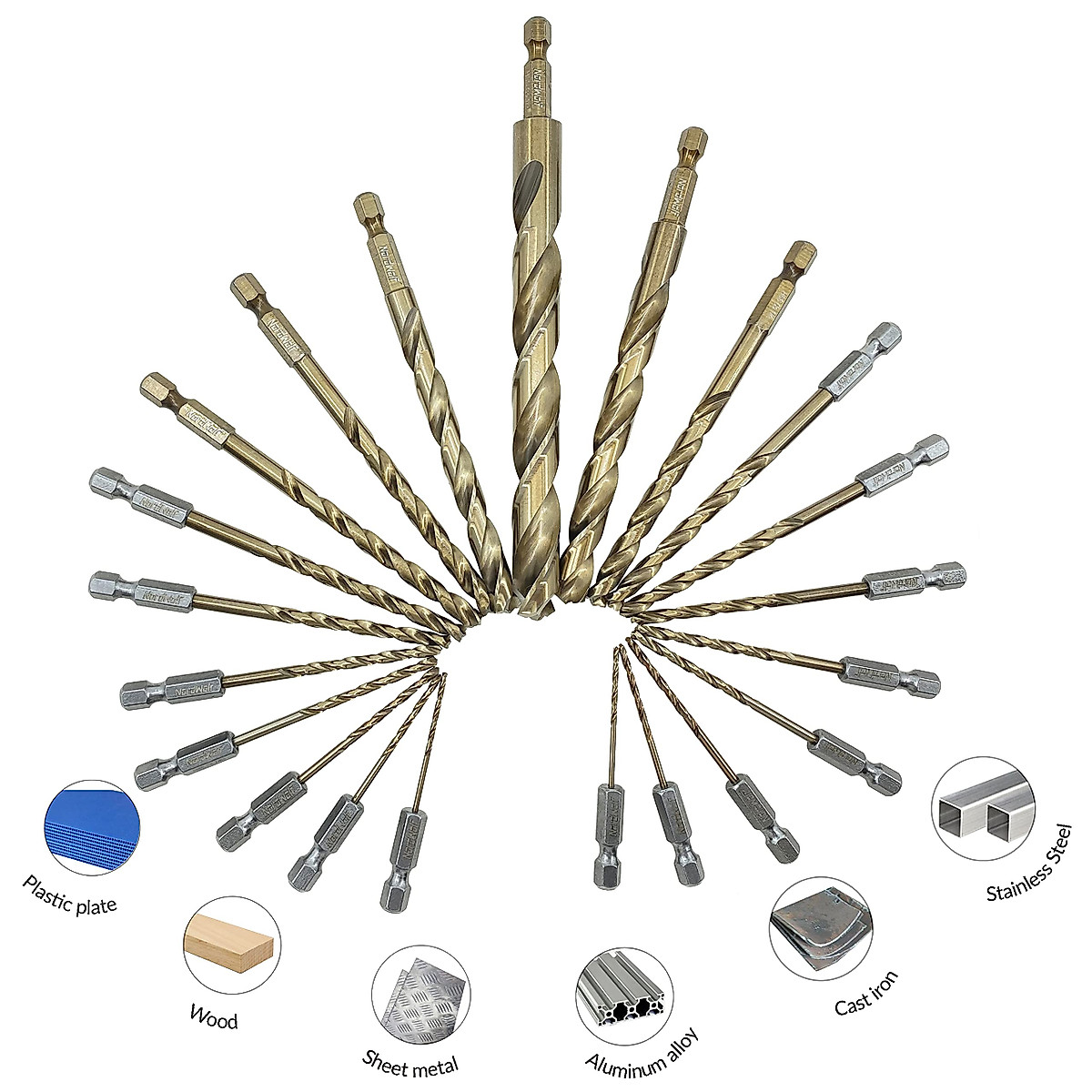 NordWolf 7-Piece M35 Cobalt Drill Bit Set for Stainless Steel, Hard Metals & Cast Iron, Jobber Length with 1/4" Hex Shank, SAE Sizes 1/8"(x3)-3/16"(x2)-1/4"(x2)