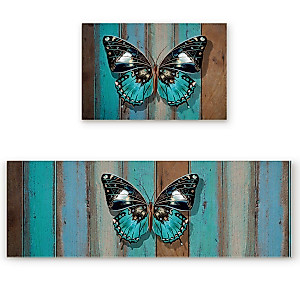 Turquoise Kitchen Mats for Floor Cushioned Anti Fatigue 2 Piece Set Kitchen Runner Rugs Non Skid Washable Wooden Plank Butterfly