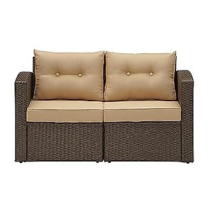 SUNVIVI OUTDOOR Wicker Loveseat Patio Furniture Corner Sofa, 2-Piece All-Weather Wicker Rattan Outdoor Sectional Couch Sofa Set with Brown Non-Slip Cushions, Aluminum Frame（Brown/Beige）