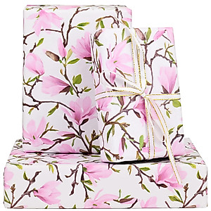 100 Sheets Pink Magnolia Flowers Printed Tissue Paper Floral Pattern and Leaves Art Decorative Tissue for Gift Wrapping Supplies