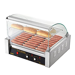 VEVOR Hot Dog Roller, 11 Rollers 30 Hot Dogs Capacity, 1650W Stainless Sausage Grill Cooker Machine with Dual Temp Control Glass Hood Acrylic Cover Bun Warmer Shelf Removable Drip Tray, ETL Certified