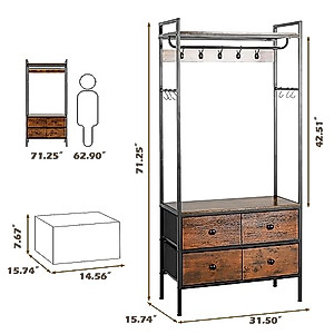 YIGOBUY Free Standing Coat Rack Hall Tree with Industrial Garment Rack with Shelves Drawers and Hooks, Small Clothes Rack for Bedroom, Living Room，Entryway Rustic