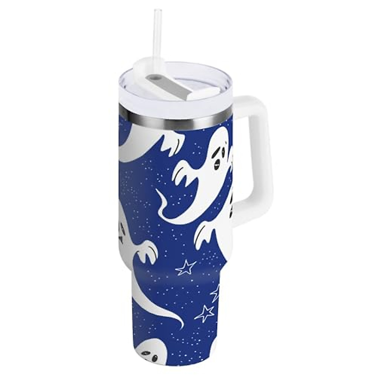 RPLIFE Whimsical Ghosts Deep Blue Stainless Steel Mug, Insulated Water Bottle with Straw, Tumblers for Women
