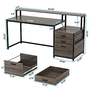 Tribesigns 63 Inch Computer Desk with File Drawer Cabinet, Ergonomic Office Desk with Monitor Stand, Industrial Computer Table with Printer Space, Wood PC Table Workstation Desk for Home Office