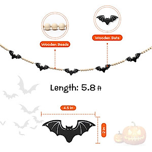 AKEROCK Halloween Garland, Halloween Decorations Indoor - Farmhouse Wood Bat with Skeleton and Bead Halloween Banner for Fireplace Mantel Decoration - Bats Garland