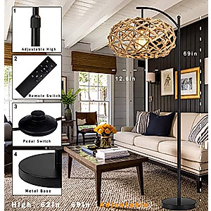 QIYIZM Rattan Floor Lamp with Remote for Living Room Bedroom Farmhouse Boho Dimmable Arc Standing Lamp Industrial Rustic Floor Light Adjustable Black Tall Lamp Corner Hand-Worked Wicker Lamp Shades