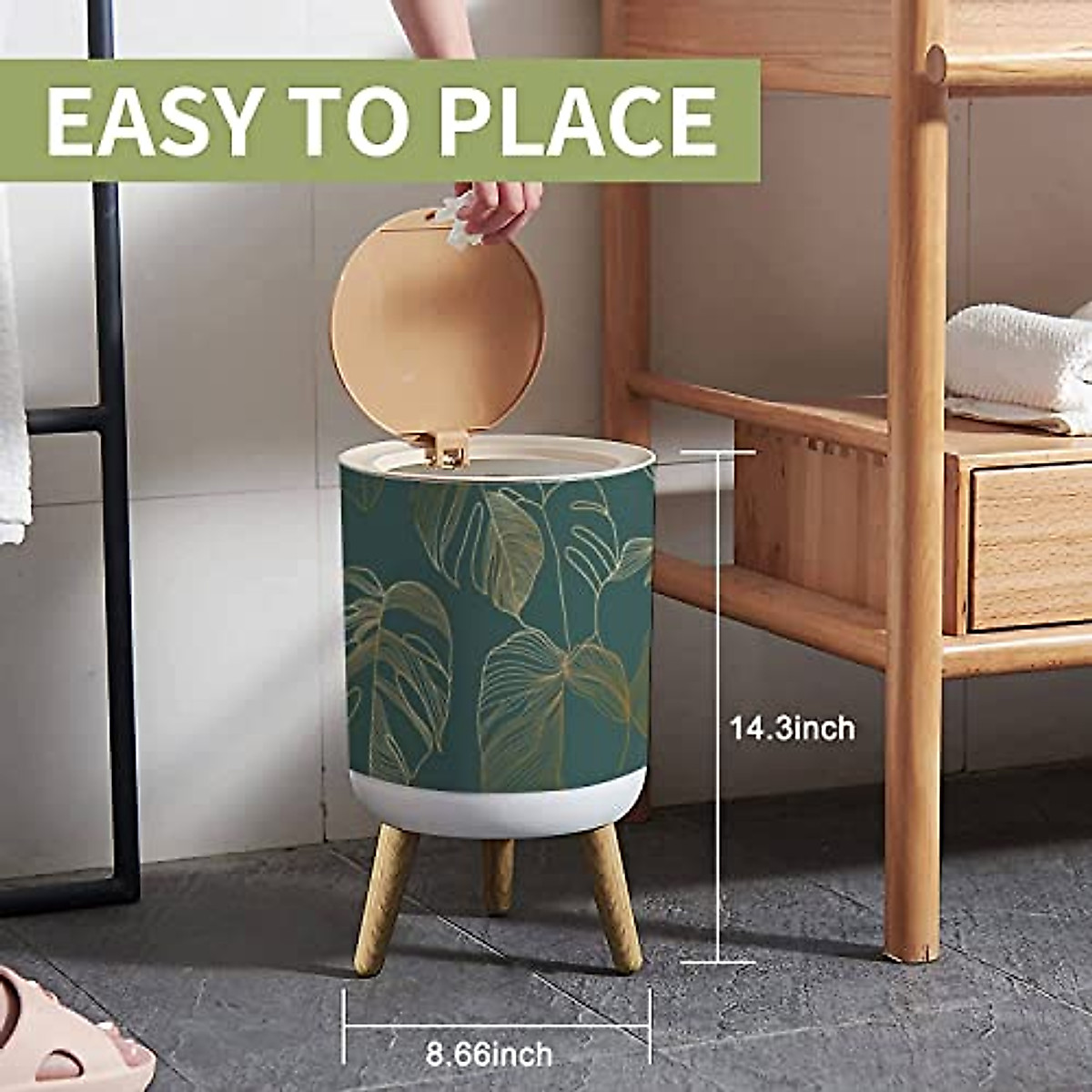 Small Trash Can with Lid Luxury gold and nature green Floral Golden split leaf Philodendron Garbage Bin Wood Waste Bin Press Cover Round Wastebasket for Bathroom Bedroom Kitchen 7L/1.8 Gallon
