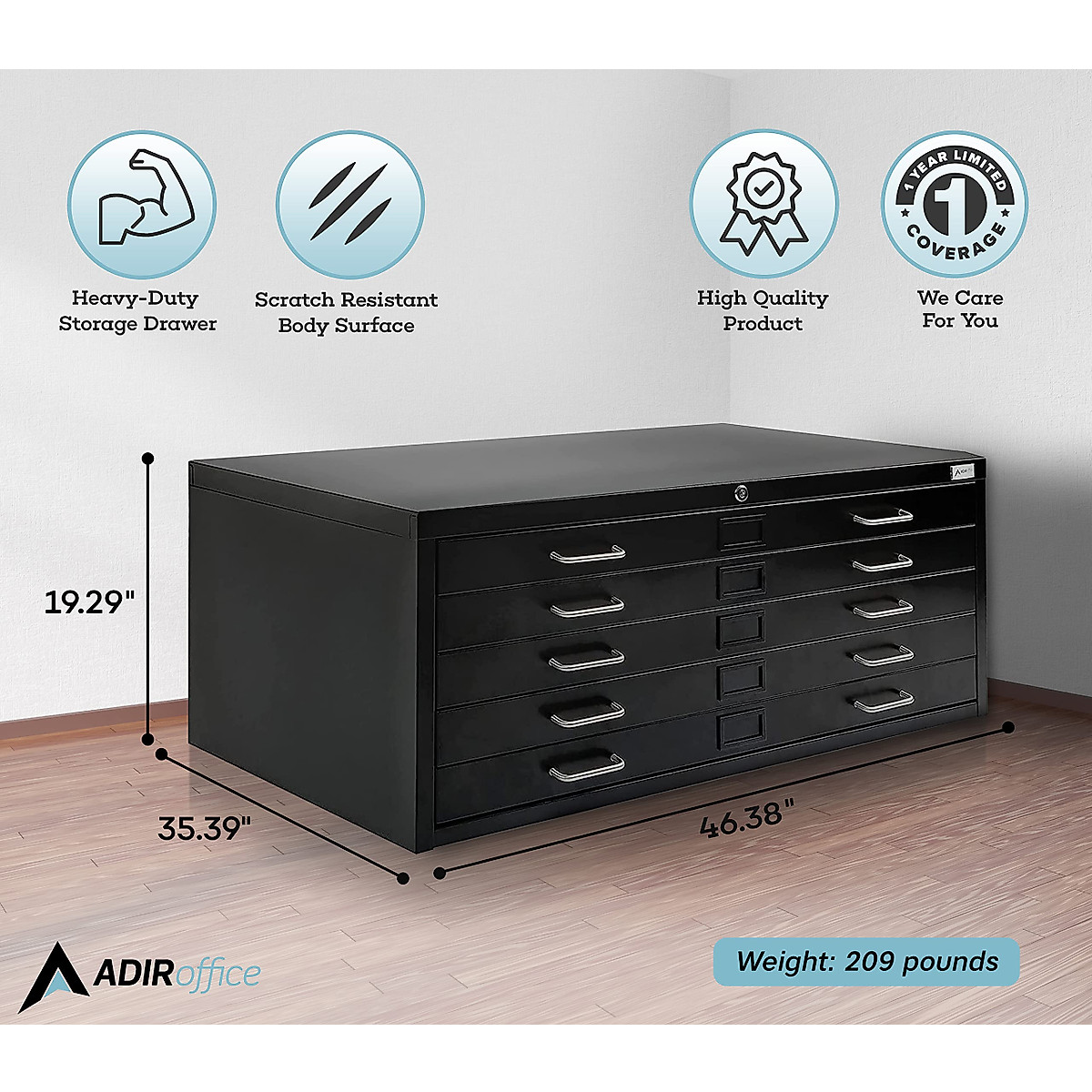 AdirOffice Flat File Cabinet - Heavy Duty 5-Drawer Blueprint Sheets Storage, 35" x 46" Great for Documents Sized 30” x 42”, Ideal for Artists, Art Files, Engineers, Architects, Offices - Black