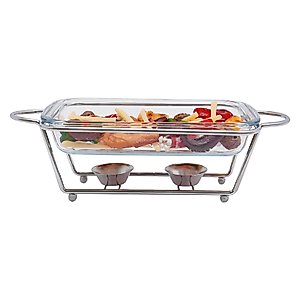 BANLICALI Chafing Dish, Rectangular Buffet Chafer with Stainless Steel Frame, Tempered Glass Container and Fuel Holders, Countertop 2L Warmers Container with Lid for Parties Restaurant Silver