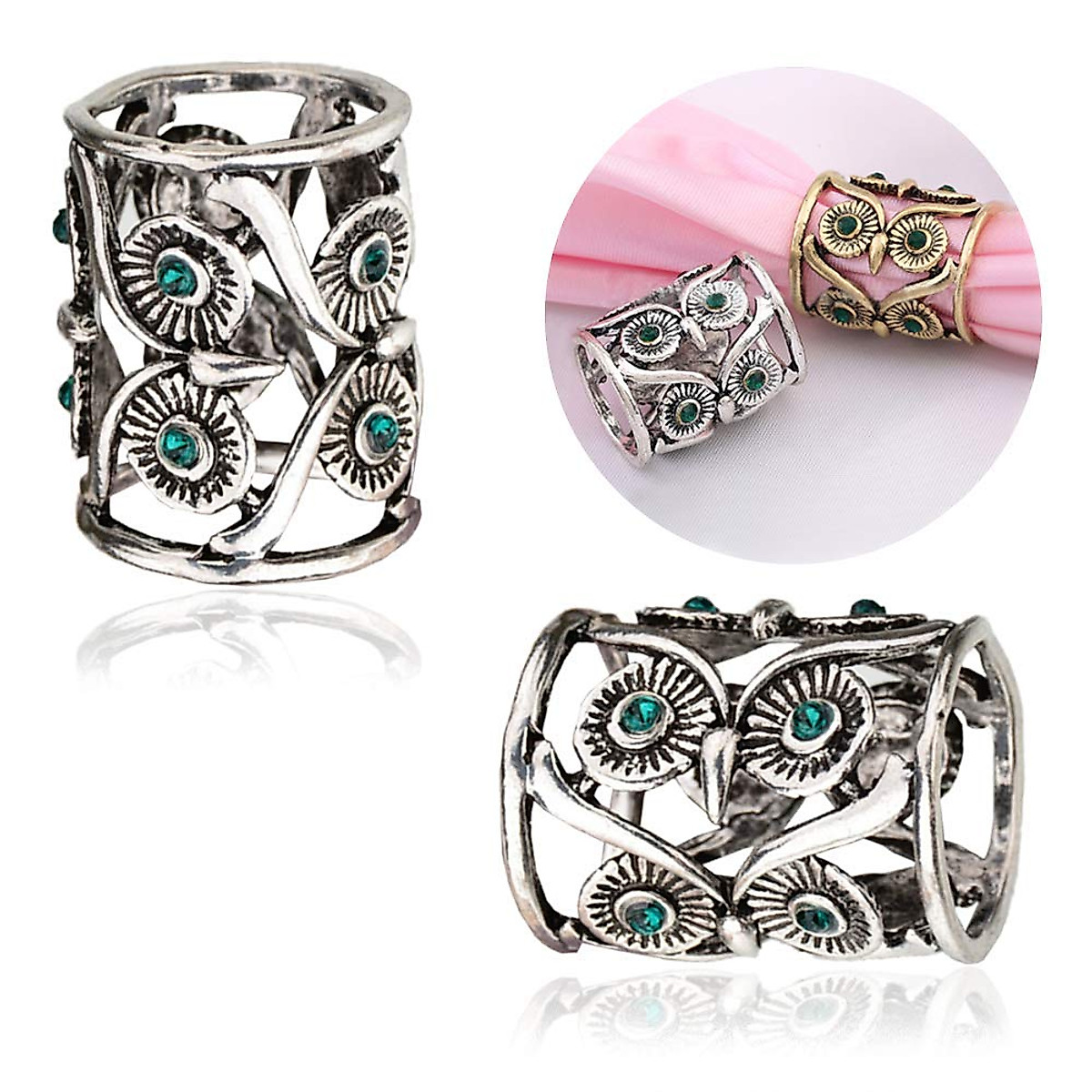 Joyci 3pcs Retro Women's Scarf Ring Clip Slide in Gold Silver Tone Metal Antiqued Hollow Tube Chiffon Buckle (Silver)