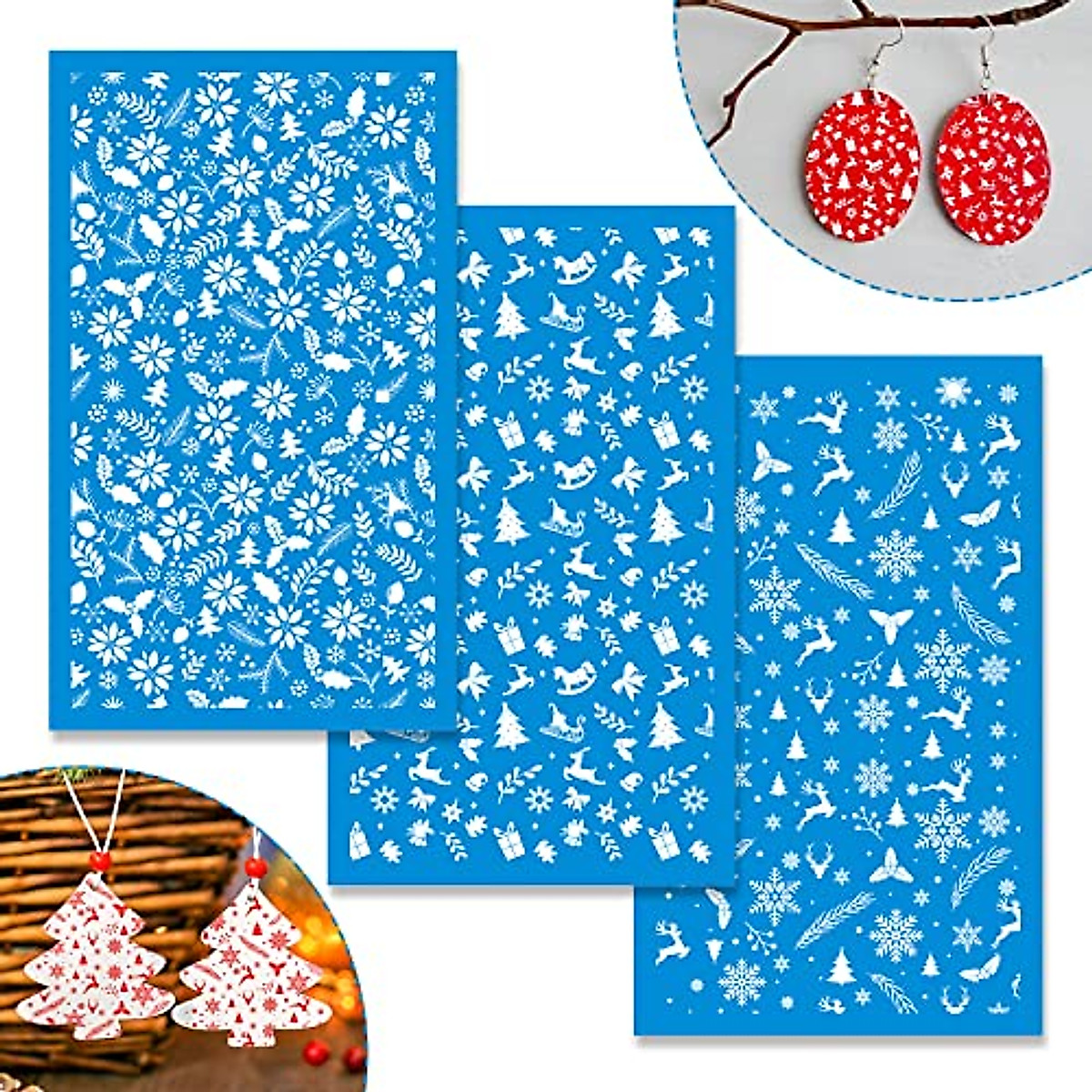 MEMOVAN Christmas Silk Screen for Polymer Clay 3Pcs Reusable Christmas Silk Screen Stencils for Polymer Clay Cutters Printing on Clay Kit for Jewelry Making Christmas Earring Decoration