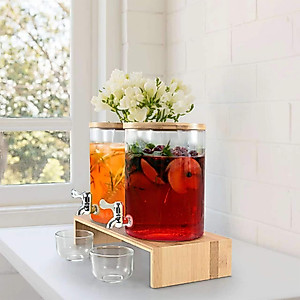 Laundry Detergent Dispenser with Bamboo Lids, Shelf Stand, Spouts, 8 Waterproof Labels, 2 Glass Cups for Liquid Detergent - 2-Pack 120 oz Glass Containers for Laundry Room Organization and Storage