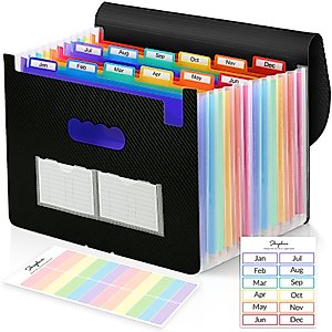 SKYDUE Accordion File Organizer, 12 Pockets File Folders, Letter Size Expanding File Folder with Colored Tabs and Expandable Cover, Portable Bill Receipt Organizer Black