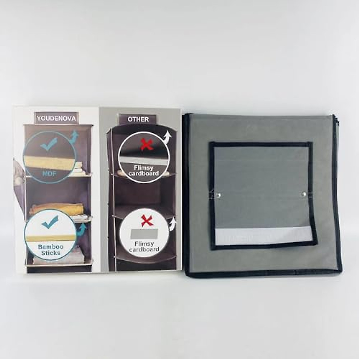 DGFCK Hanging closet organizers, Hanging Closet Organizer 3 Shelves Foldable Oxford Cloth Gray Hanging Shelf with 2 Hooks for Clothes Storage and Accessories