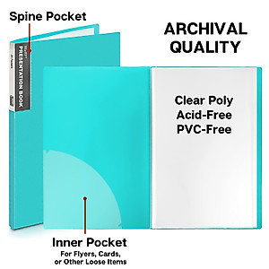 Dunwell 11x17 Portfolio Binder Folder (Aqua, Vertical) - Binder with Plastic Sleeves and Poly Cover, Portfolio Presentation Book with 24 Binder Pockets, Large Art Portfolio Folder