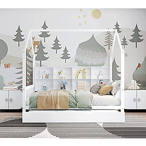 DEINPPA Twin House Bed with Shelf, Twin Bed Frame with Trundle & Guardrail for Kids Children Toddlers, No Box Spring Needed