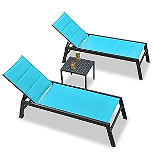 PURPLE LEAF Outdoor Chaise Lounge 2 Pieces Aluminum Patio Lounge Chair with Side Table and Wheels All Weather Outdoor Reclining Chair for Patio Pool Beach Sunbathing Chair, Turquoise Blue