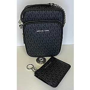 Michael Kors Jet Set Travel Medium Logo Crossbody bundled SM TZ Coinpouch & Purse Hook (Signature MK Black)