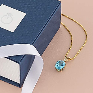 PEORA 14K Yellow Gold 3 Carats Swiss Blue Topaz with Diamond Pendant, Genuine Gemstone Birthstone, AAA Grade Oval Shape 10x8mm, Elegant Solitaire Design