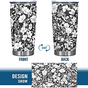 QWEUIOP 20oz Insulated Travel Coffee Mug Hand Drawn White Flowers Stainless Steel Tumbler with Lid Double Wall Vacuum Coffee Cup For Hot and Cold Drinks14494