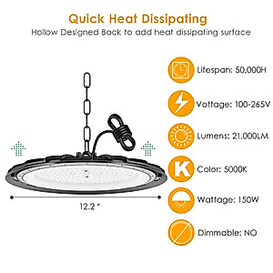 LED UFO High Bay Light, 150W 21,000LM Daylight 5000K Shop Light Fixture, IP65 Waterproof 600W HID Equiv. with Hanging Hook and Safe Rope, Commercial Grade Lighting for Warehouse, Workshop-by BRILLIRARE, UFO-150W, Grey