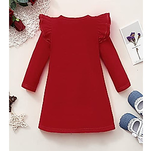 Toddler Baby Girl Solid Color Dress Kids Long Sleeve Ruffle Skirt Playwear (Red, 4-5T)