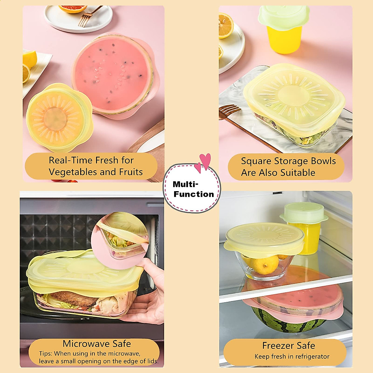 Silicone Stretch Lids Set for Food Storage, Fruit Pattern Food-grade Reusable Silicone Sealing Food Covers for Fresh-keeping Bowl Container Microwave and Dishwasher Safe (6 pcs of Different Sizes)