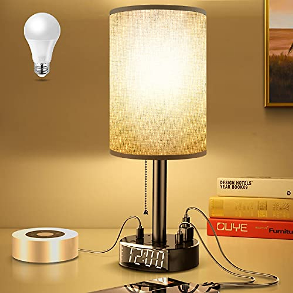 Gray Nightstand Light Lampshade 6ft Plug Extension Cord Dual USB Charging Port AC Outlet, Cylinder Desk Lamp Clock Charger Bedroom Home Dorm School Office Electric Adapter Socket Reading Work Study