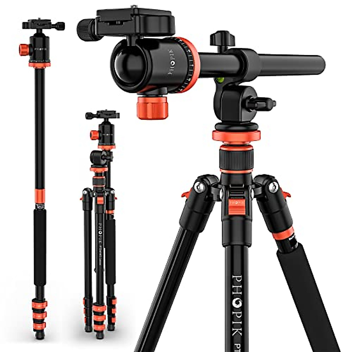 PHOPIK Camera Tripod 76 Inch Camera Tripod with Rotatable Horizontal Center Column, Aluminium Professional Tripod for DSLR with 360 Degree Ball Head, Quick Release Plate