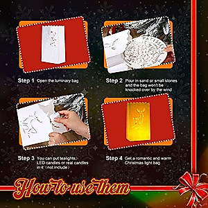 100 Pieces Christmas Luminary Bags White Paper Luminary Bags Flame Resistant Candle Bags Lantern Bags 5 Designs with Christmas Tree Snowflake Snowman Reindeer for Christmas Party Decoration