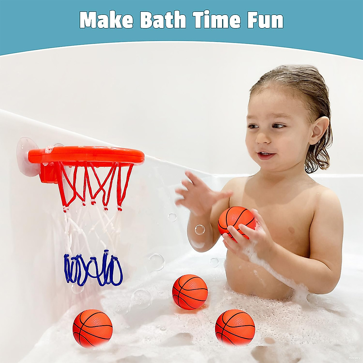 MARPPY Bath Toys, Bathtub Basketball Hoop for Toddlers Kids, Boys and Girls with 4 Soft Balls, Mold Free & Strong Suction Cup, Bathtub Shooting Game & Fun Toddlers Bath Toys for Boys or Girls