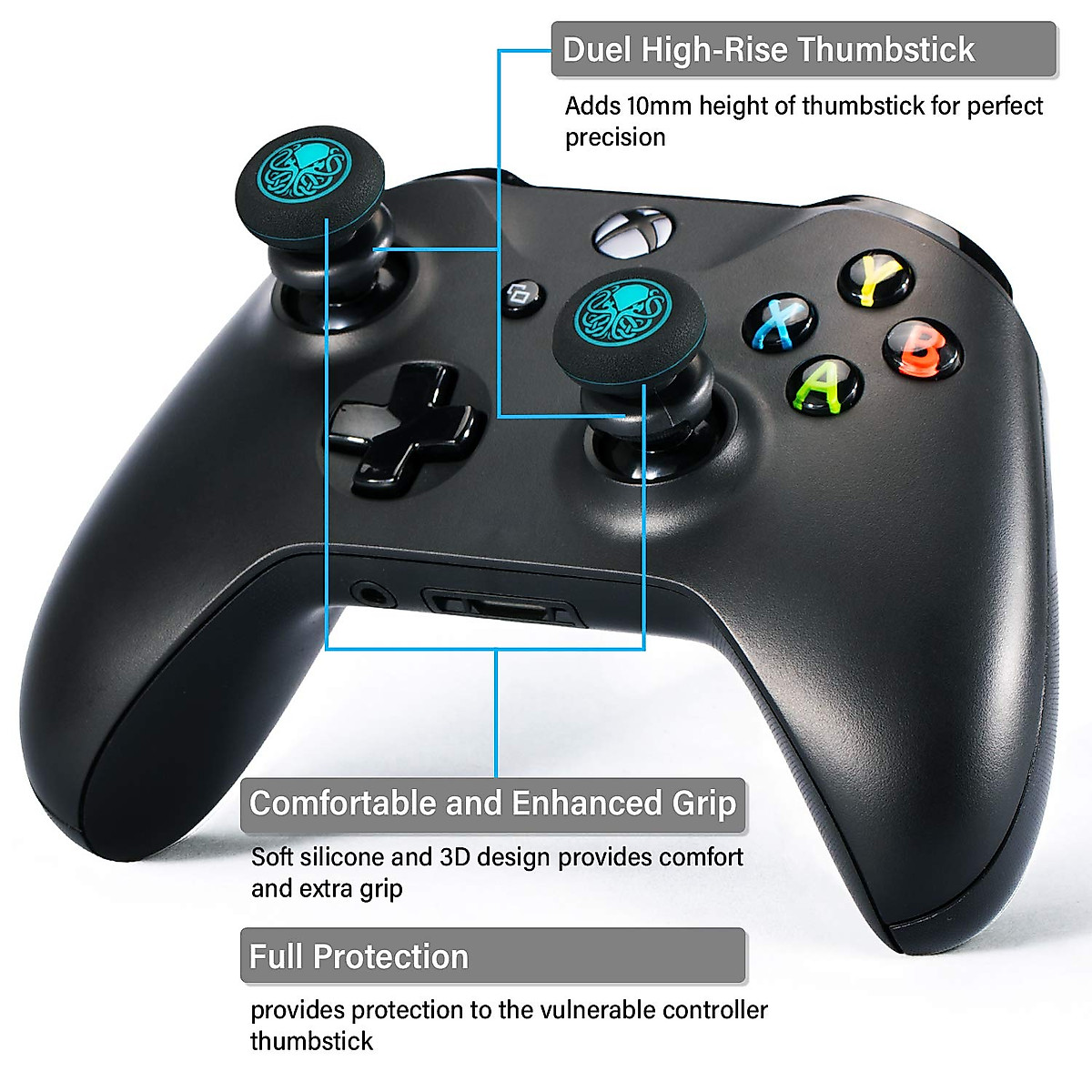 Playrealm FPS Thumbstick Extender & Printing Rubber Silicone Grip Cover 2 Sets for Xbox Series X/S & Xbox One Controller(Cthulhu Abyss Blue)