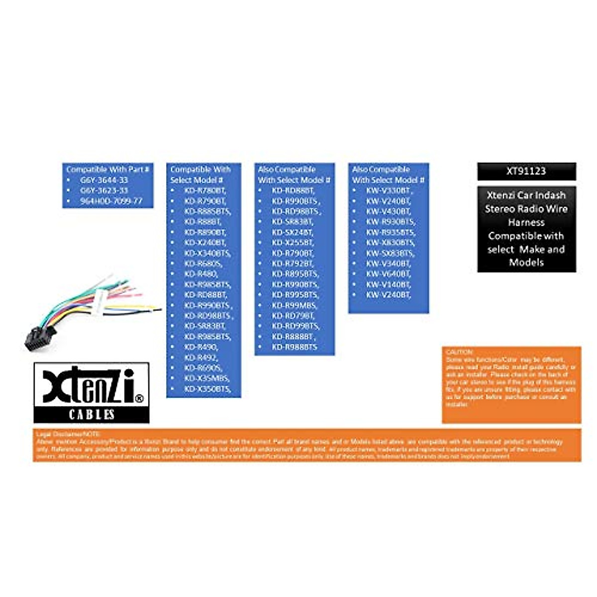 Xtenzi Car Radio Wire Harness Compatible with JVC Select KD/KW Series CD DVD Navigation in-Dash - XT91123