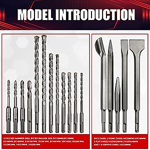 wesleydrill 17PCS Rotary Hammer & Chisels Masonry Drill Bit Set, SDS Plus Drill Bits Set, Fit for Drilling and Cutting in Concrete,Brick,Walls