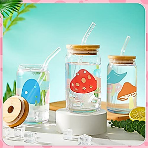 Vesici 6 Pack Color Changing Glasses with Bamboo Lid and Glass Straw Drinking Glasses Mushroom Can Shaped Glass Cups 16 oz Beer Glasses Tumbler Cup Reusable Glass Drinking Straws for Juice Milk Water