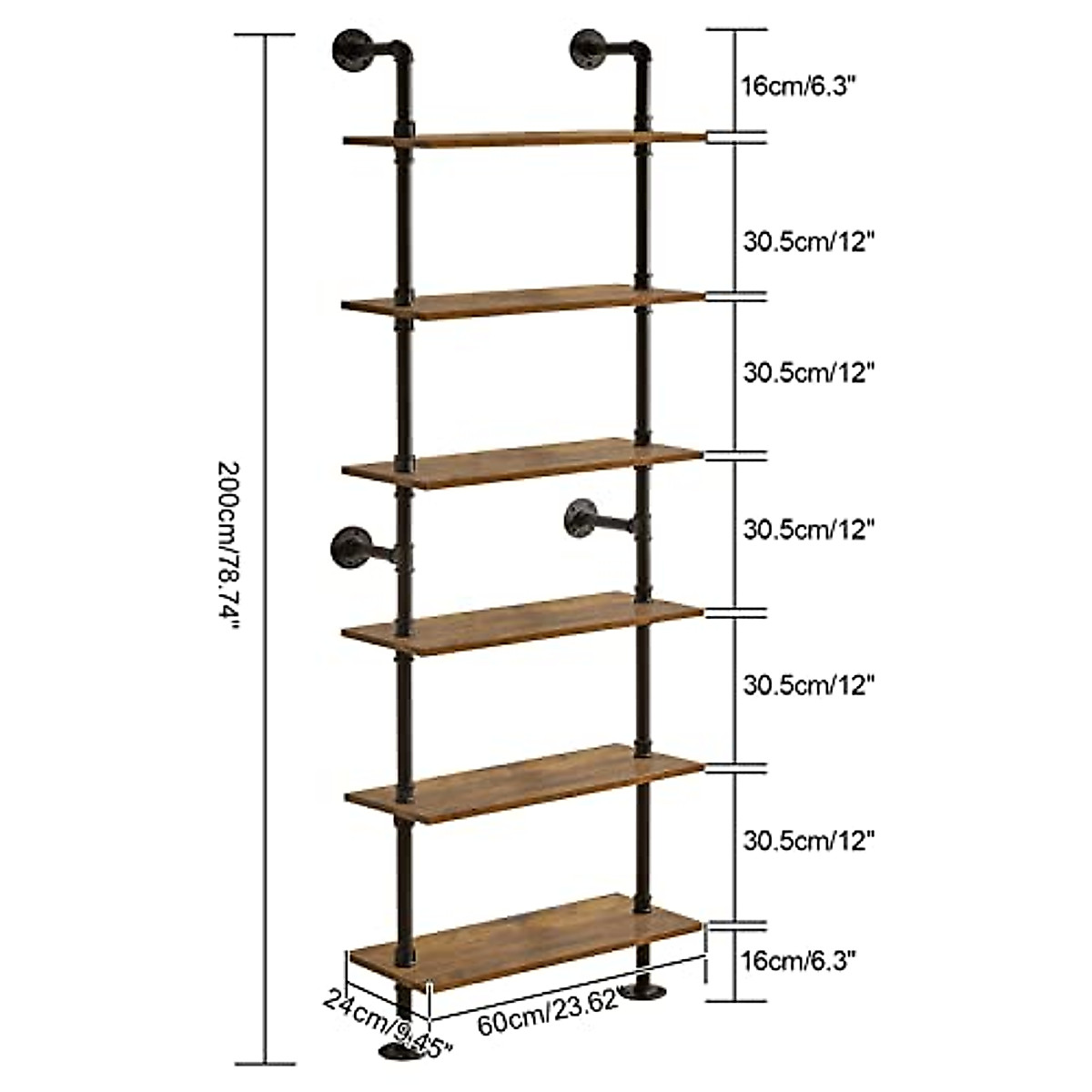 YMYNY Industrial 5+ 6-Tier Wall Mounted Bookcase with Metal Frame，HRF-TM018+HBC015H