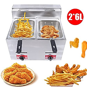 Commercial Deep Fryer, Stainless Steel Gas Deep Fryer Countertop with 10L 2 Baskets and Lid Gas Deep Fryer Propane LPG Deep Fryer