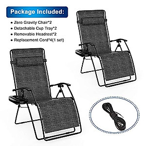 Keten Zero Gravity Chair, Patio Folding Lounge Chair Recliners, Adjustable Lawn Lounge Chair with Pillows Replacement Cords Cup Holders for Backyard Poolside Beach Set of 2(Black)
