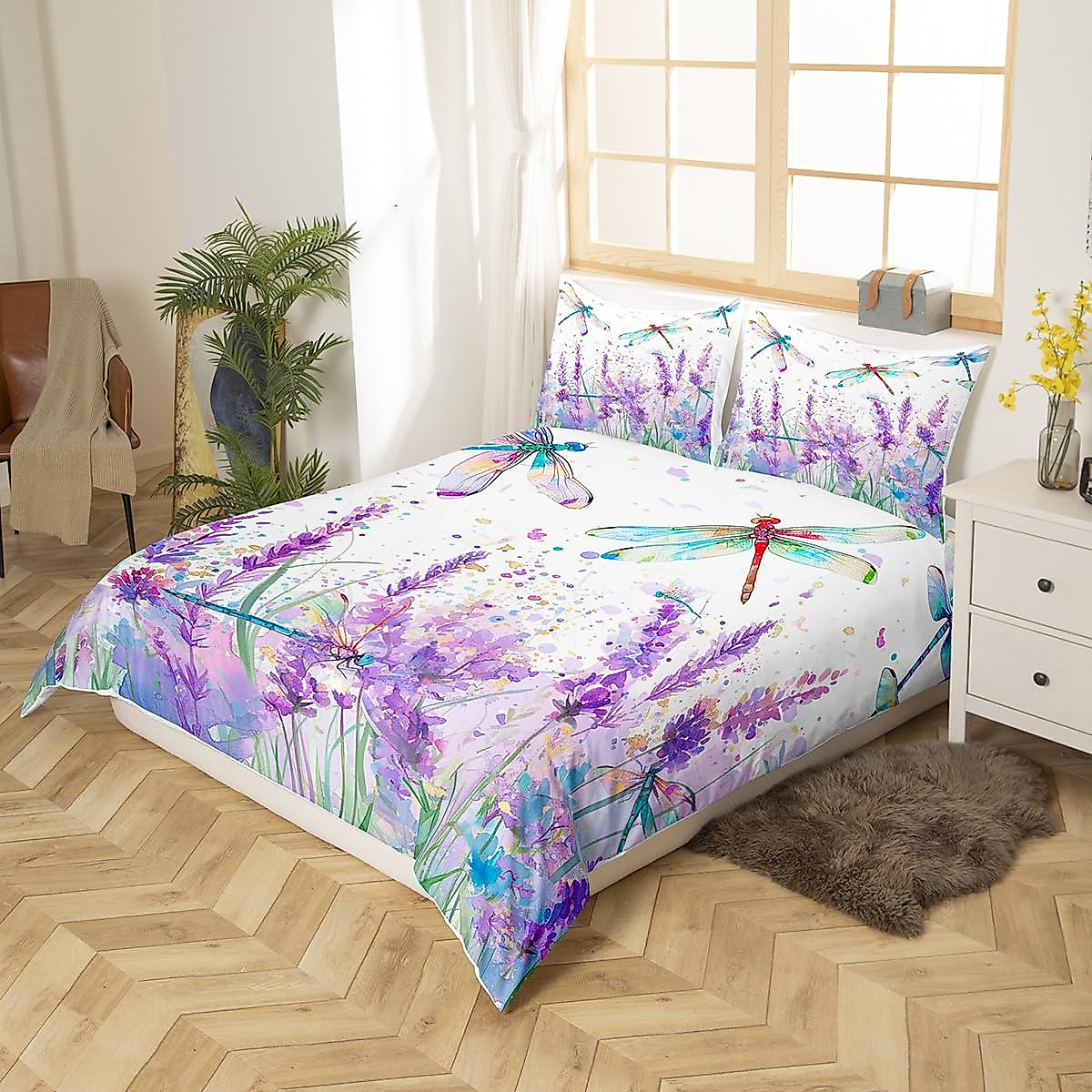 Feelyou Kids Twin Dragonfly Bedding Set Purple Lavender Duvet Cover Floral Dragonfly Comforter Cover for Kids Boys Girls Botanical Bedspread Cover Adult Bedroom Decor Zipper (No Comforter)
