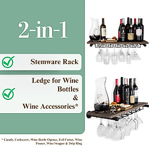 Rustic State Wall Mounted Reclaimed Wood Floating Wine Bottle Rack with Glassware Holder Stemware Shelf Storage Organizer - Home, Kitchen, Dining Room Bar Décor - Walnut