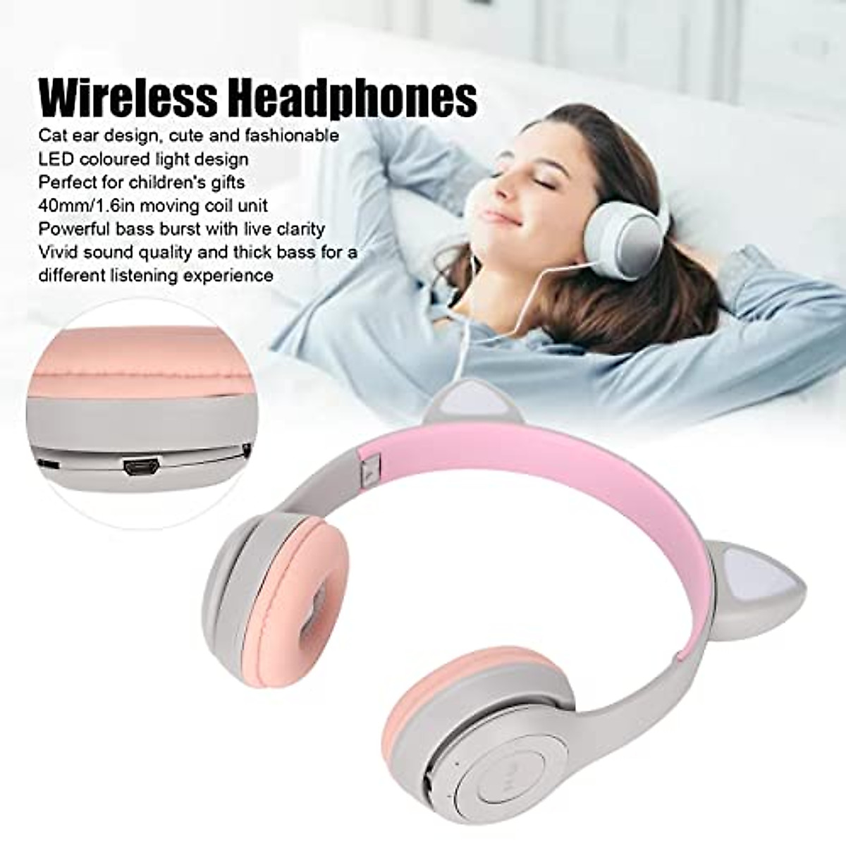 Cat Ear Headphone, RGB Wireless Gaming Headset Noise Cancelling Retractable Portable Bluetooth Headphone with 40mm Speaker for Kids Adults Girls Boys