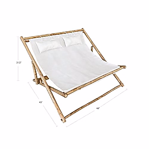 Statra Rattan Bamboo Folding Sling Chairs for 2 People Patio Camping Relax Garden Pool Beach Lounge Outdoor Reclining, Double seat, White