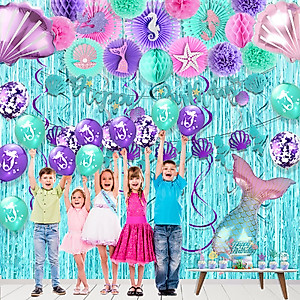 Hombae Mermaid Birthday Decorations, Mermaid Party Decorations Supplies Kit, Mermaid Cake Decorations, Mermaid Theme Birthday Decorations, Mermaid Banner Cake Topper Paper Fans with Cute Cut Outs