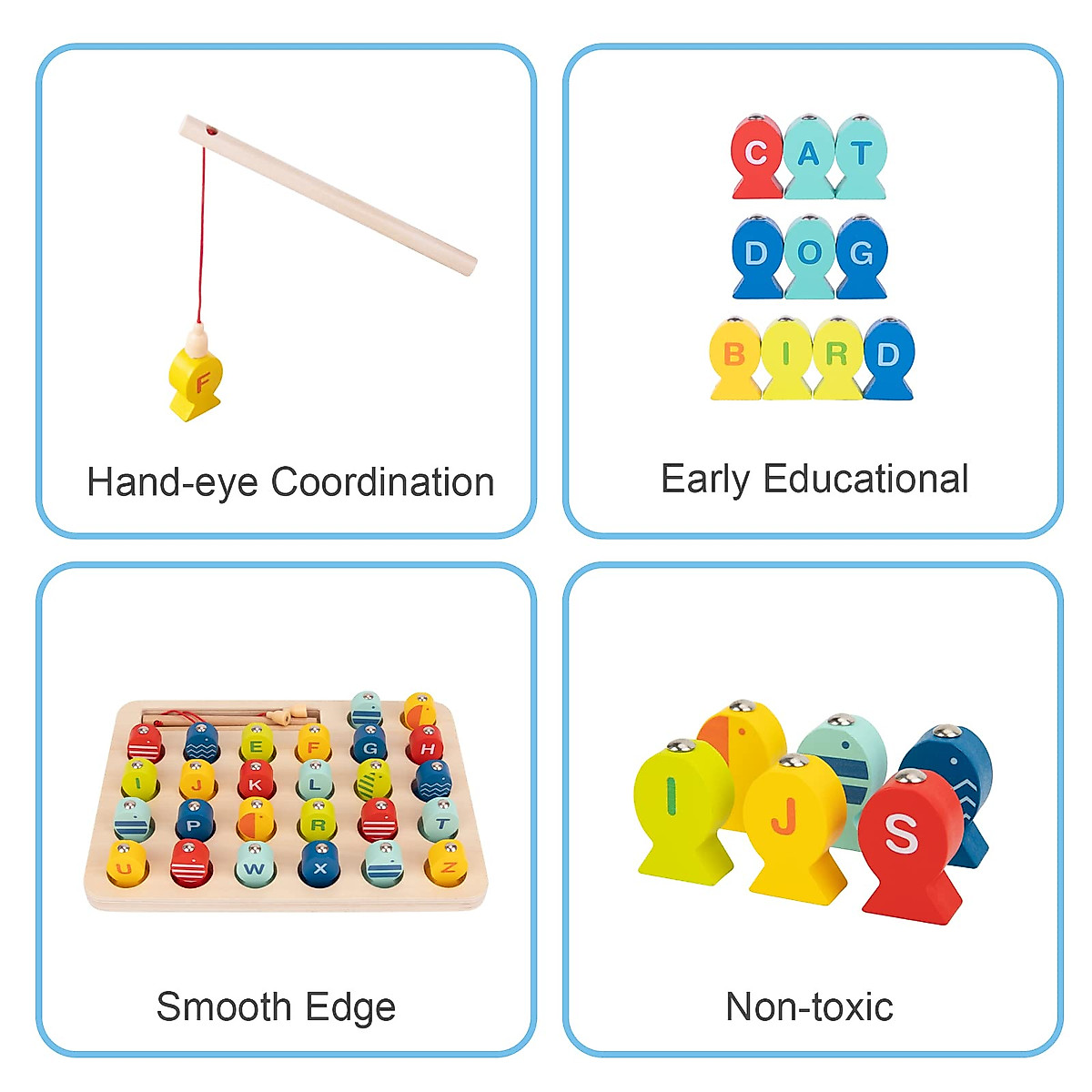 TOOKYLAND Wooden Magnetic Fishing Game - 29pcs - Alphabet and Spelling Educational Sorting Toy for Kids 3 Years Old +