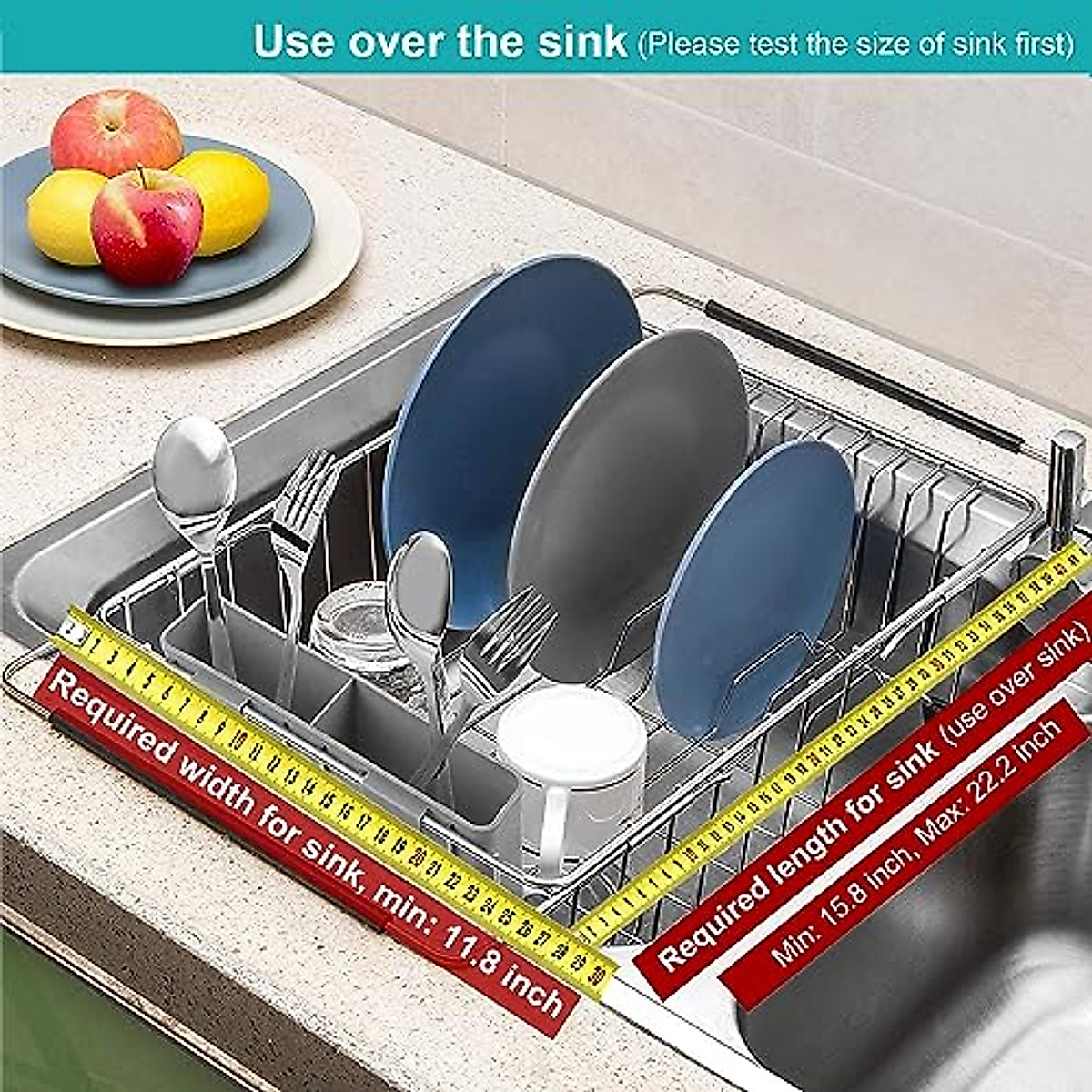 iPEGTOP Expandable Deep & Large Dish Drying Rack, Over The Sink, in Sink Or On Counter Dish Drainer Basket Shelf with Grey Removable Utensil Silverware Holder, Rustproof Stainless Steel