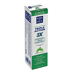 Kiss My Face Triple Action Herbal Mint Gel Toothpaste, SLS And Fluoride Free, Removes Plaque, Prevents Tartar, And Whitens Teeth, With Added Tea Tree Oil, No Artificial Colors Or Flavors, 4.5 oz