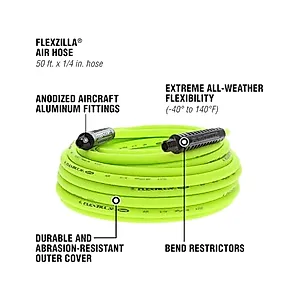 Flexzilla Air Hose 1/4 in x 50', 1/4 in. MNPT Fittings, Heavy Duty, Lightweight, Hybrid, ZillaGreen - HFZ1450YW2